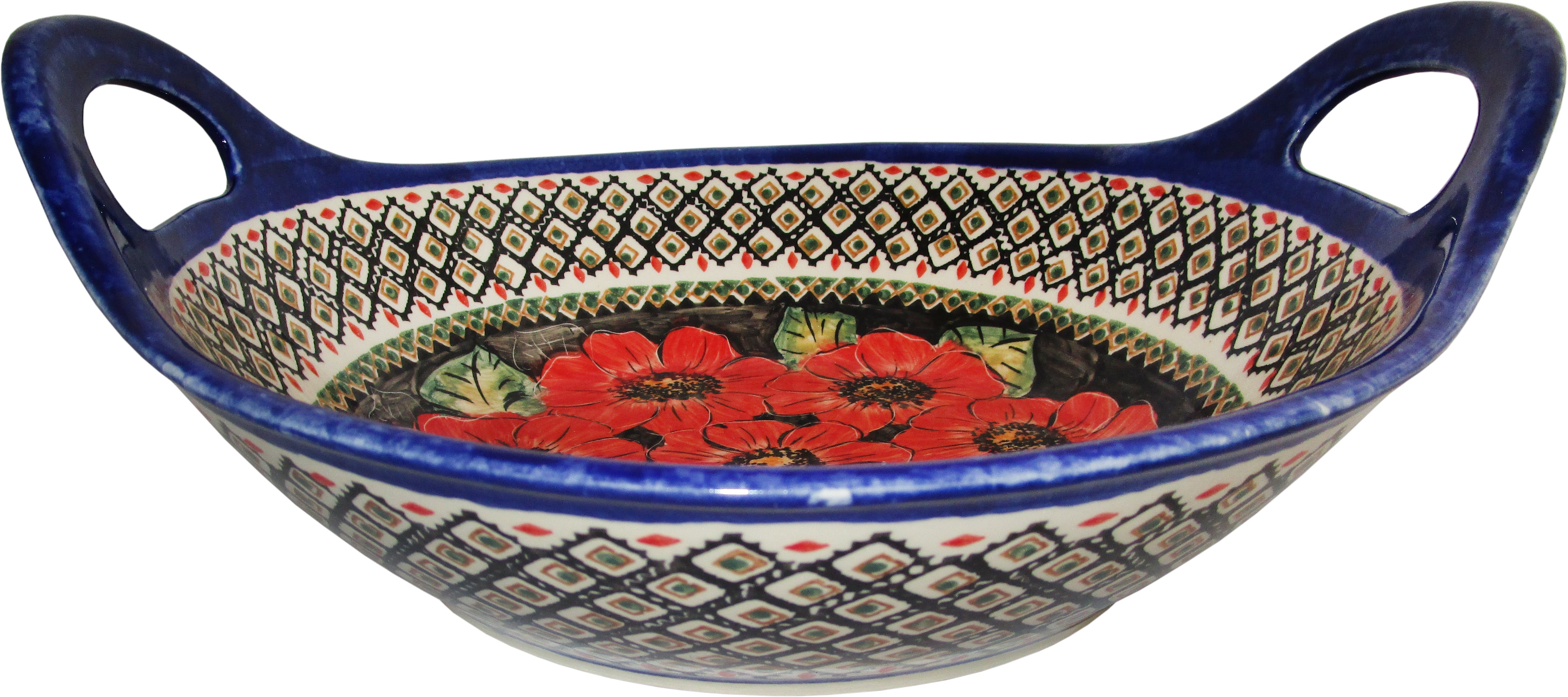 Boleslawiec Polish Pottery UNIKAT Large Serving Bowl with Handles "Red ...
